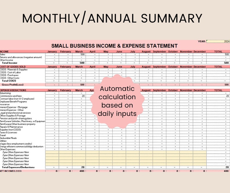 Small Business Bookkeeping and Tax Spreadsheet, Daily Monthly Annual ...