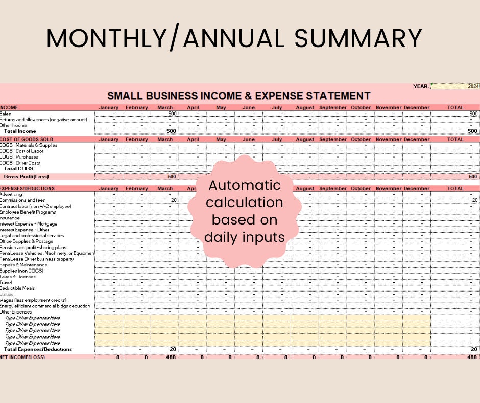 Small Business Bookkeeping and Tax Spreadsheet, Daily Monthly Annual ...