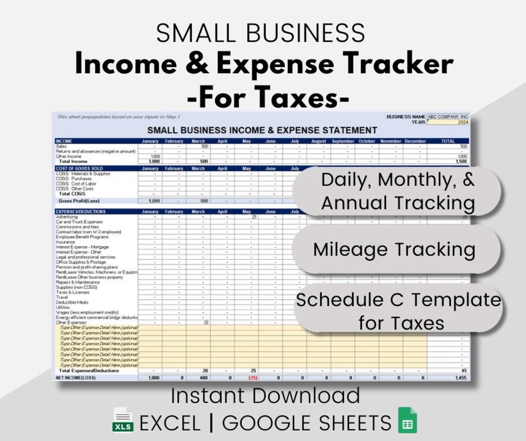 Small Business Income & Expense Tracker Spreadsheet, Daily Monthly ...
