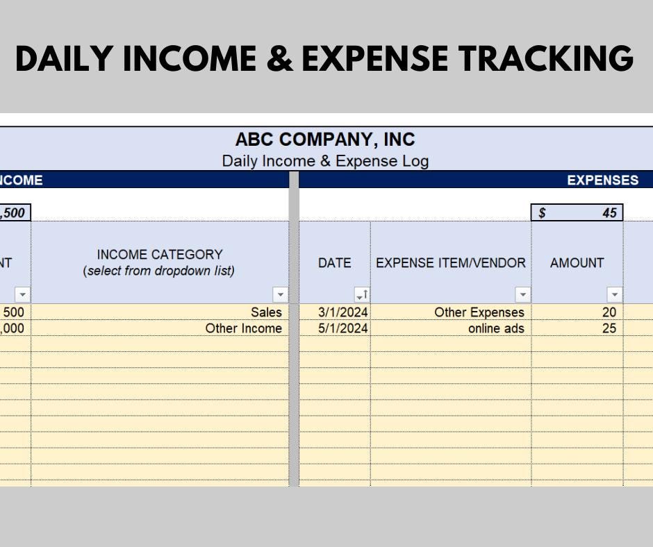 Small Business Income & Expense Tracker Spreadsheet, Daily Monthly ...