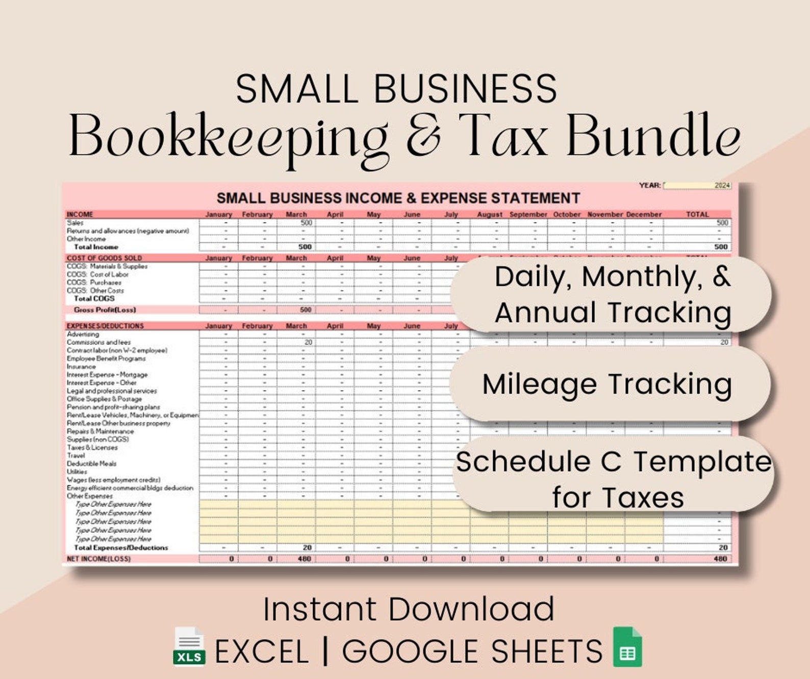 Small Business Bookkeeping and Tax Spreadsheet, Daily Monthly Annual ...