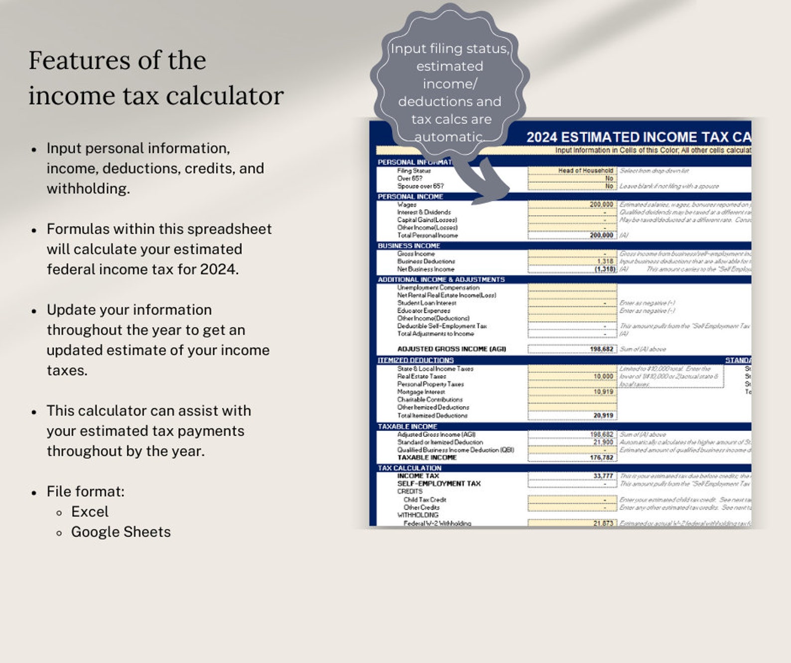 2024 Federal Income Tax Calculator: Excel & Google Sheets Template - Etsy