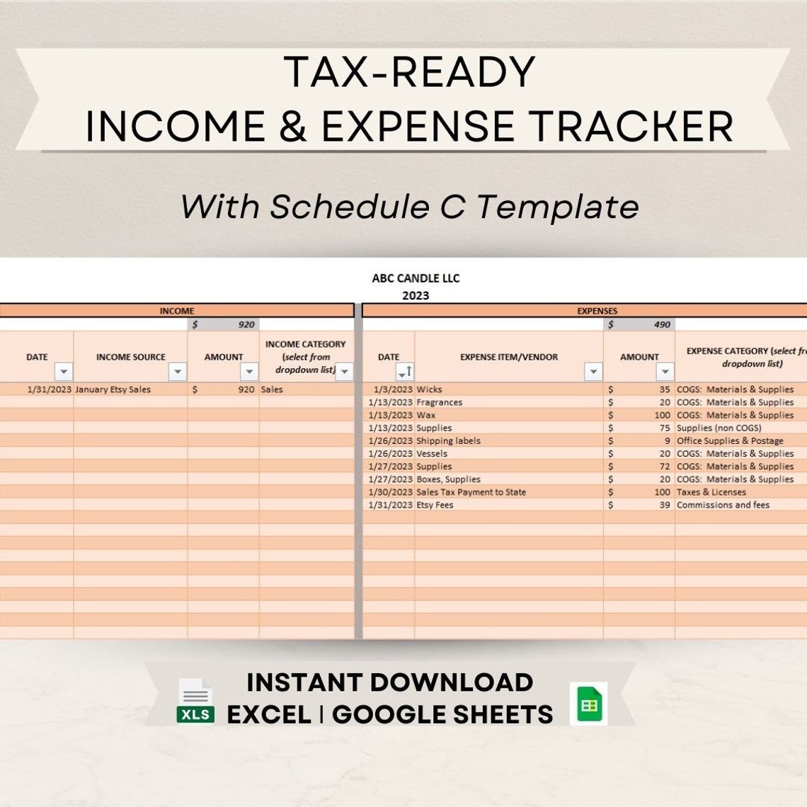 Tax-ready Income & Expense Tracker | Schedule C Excel Template | Small ...