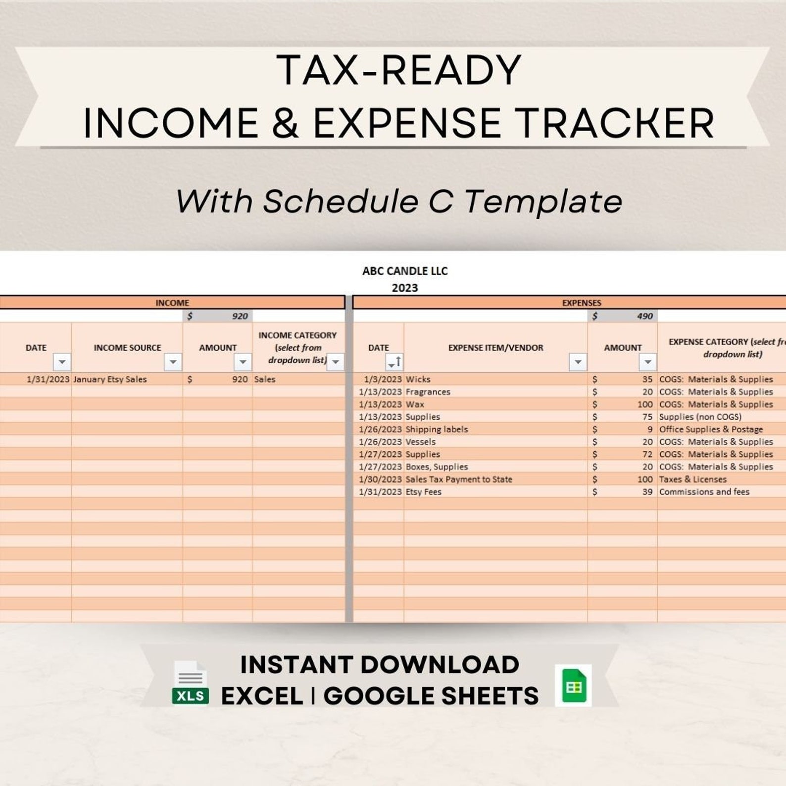 Tax-ready Income & Expense Tracker | Schedule C Excel Template | Small ...