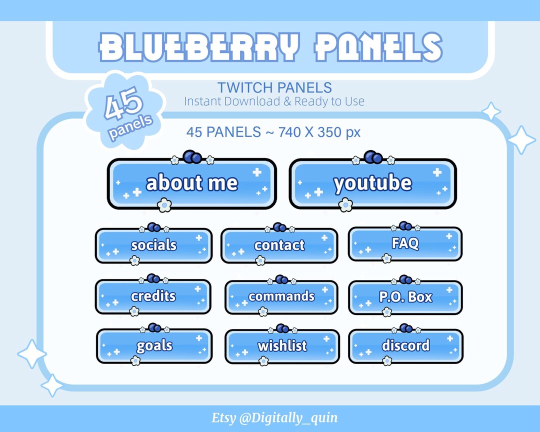 Cute Blue Twitch Panels Blueberry Twitch Overlay Blue Streaming Panels ...
