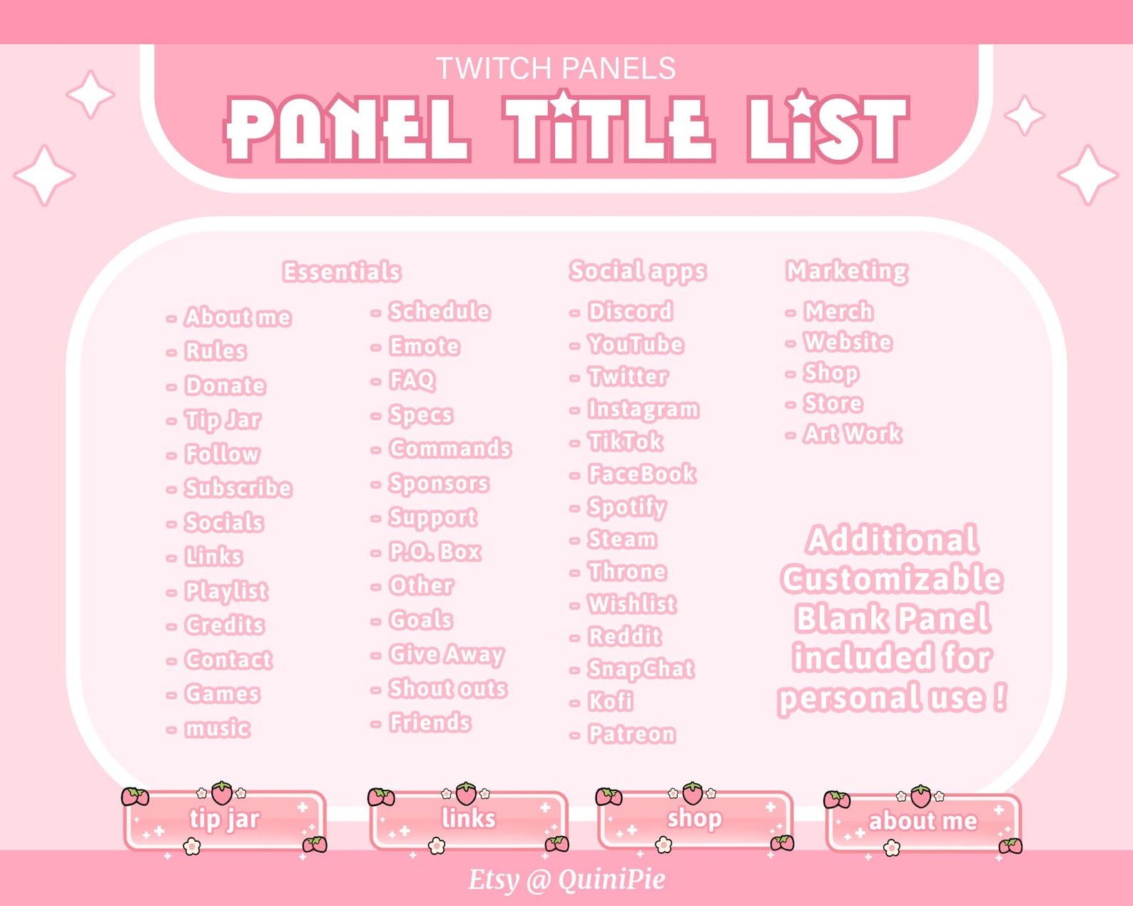Cute Twitch Panels for Streamers Strawberry Twitch Panel Soft Pink ...