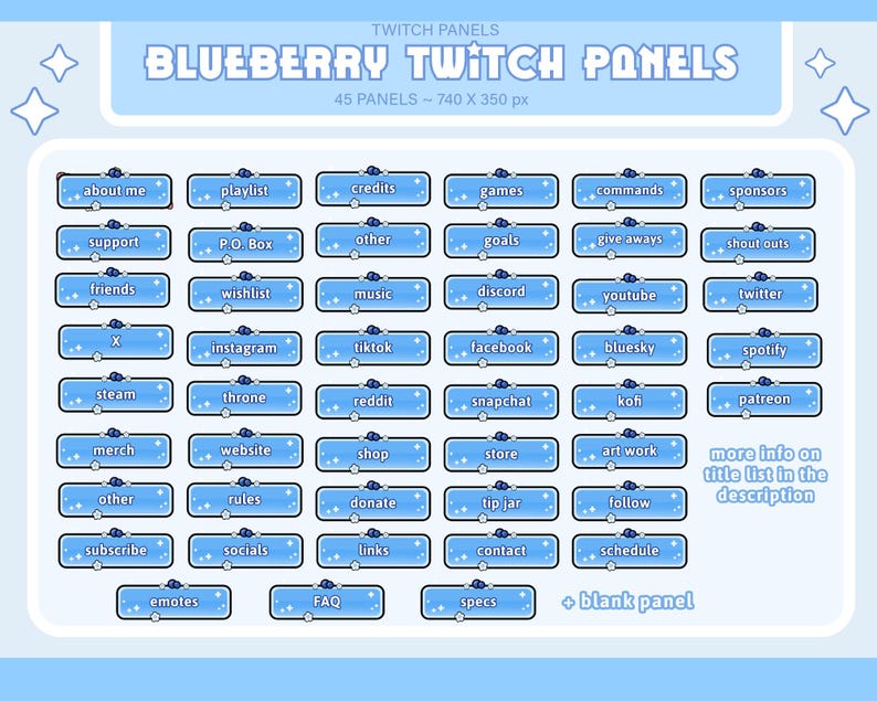 Cute Blue Twitch Panels Blueberry Twitch Overlay Blue Streaming Panels ...