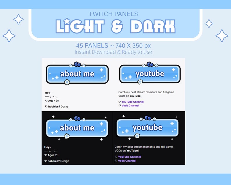 Cute Blue Twitch Panels Blueberry Twitch Overlay Blue Streaming Panels ...