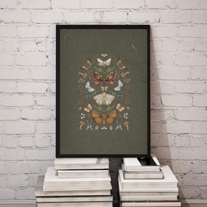 Moody Cottagecore Botanical Moth Wall Art Print, Printable Vintage ...