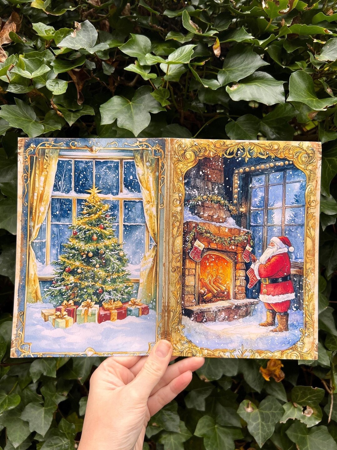 Vintage Style Father Christmas Card, Christmas Tree Card, Cosy, Snowy ...