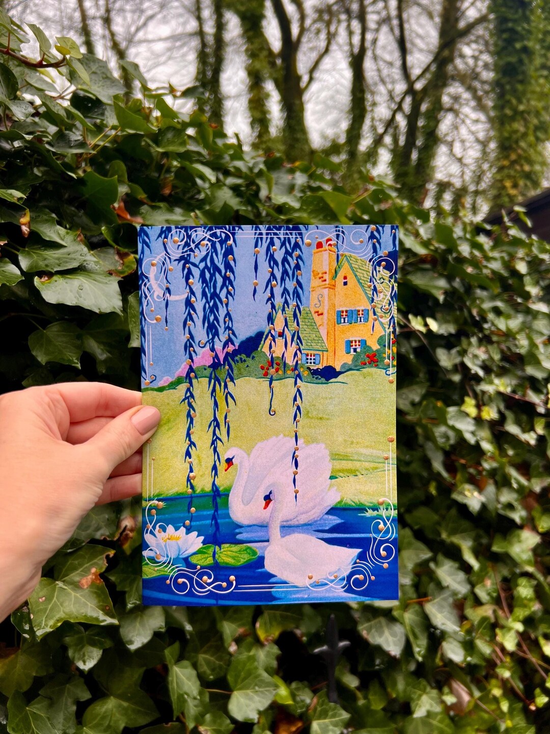 Vintage Swan Birthday Card: Hand-painted Gold Cottage Design - Etsy