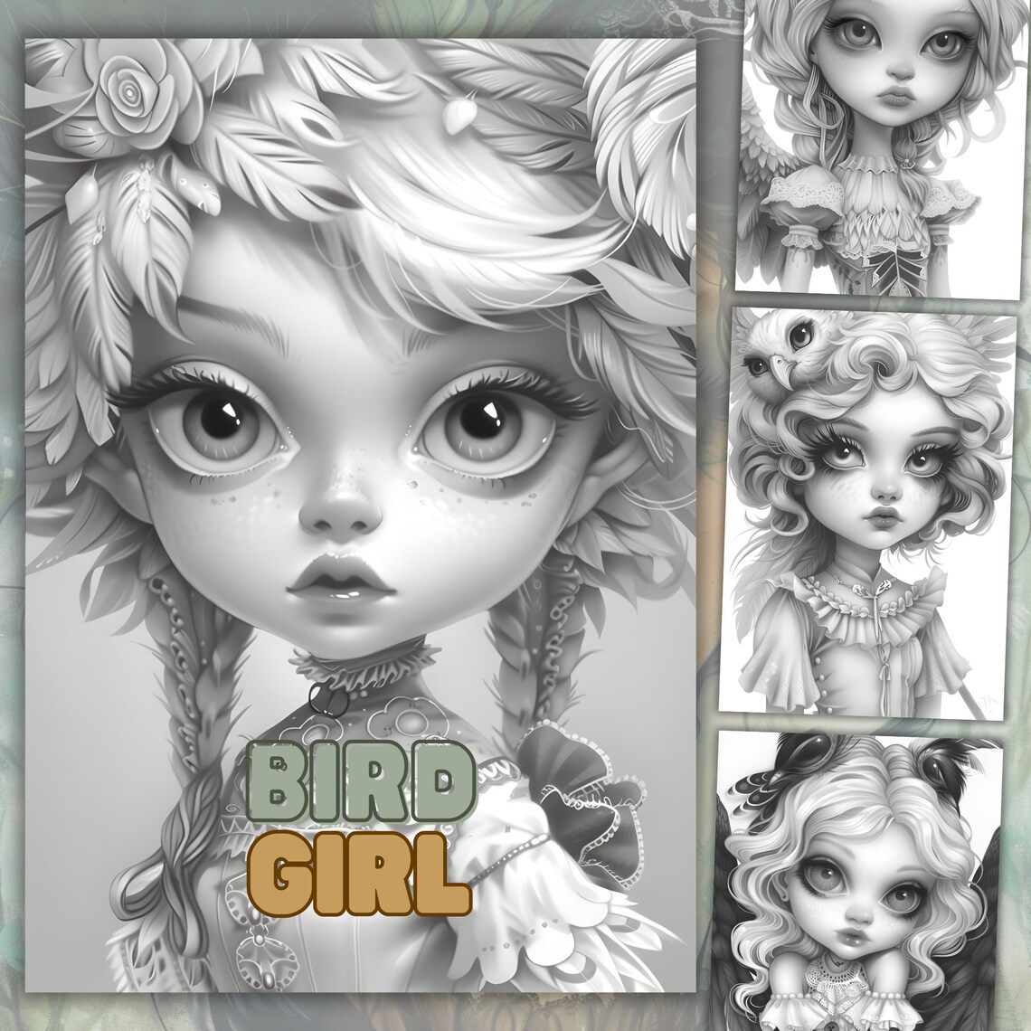 Grayscale Coloring Book, 28 Bird Girl Colouring Pages, Cute Coloring ...