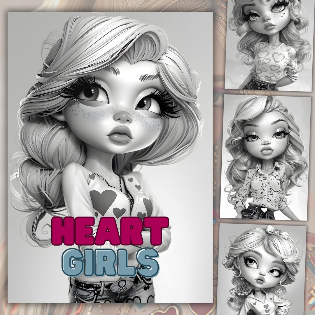 Girl With Hearts Coloring Pages: Grayscale Art (digital Download) - Etsy