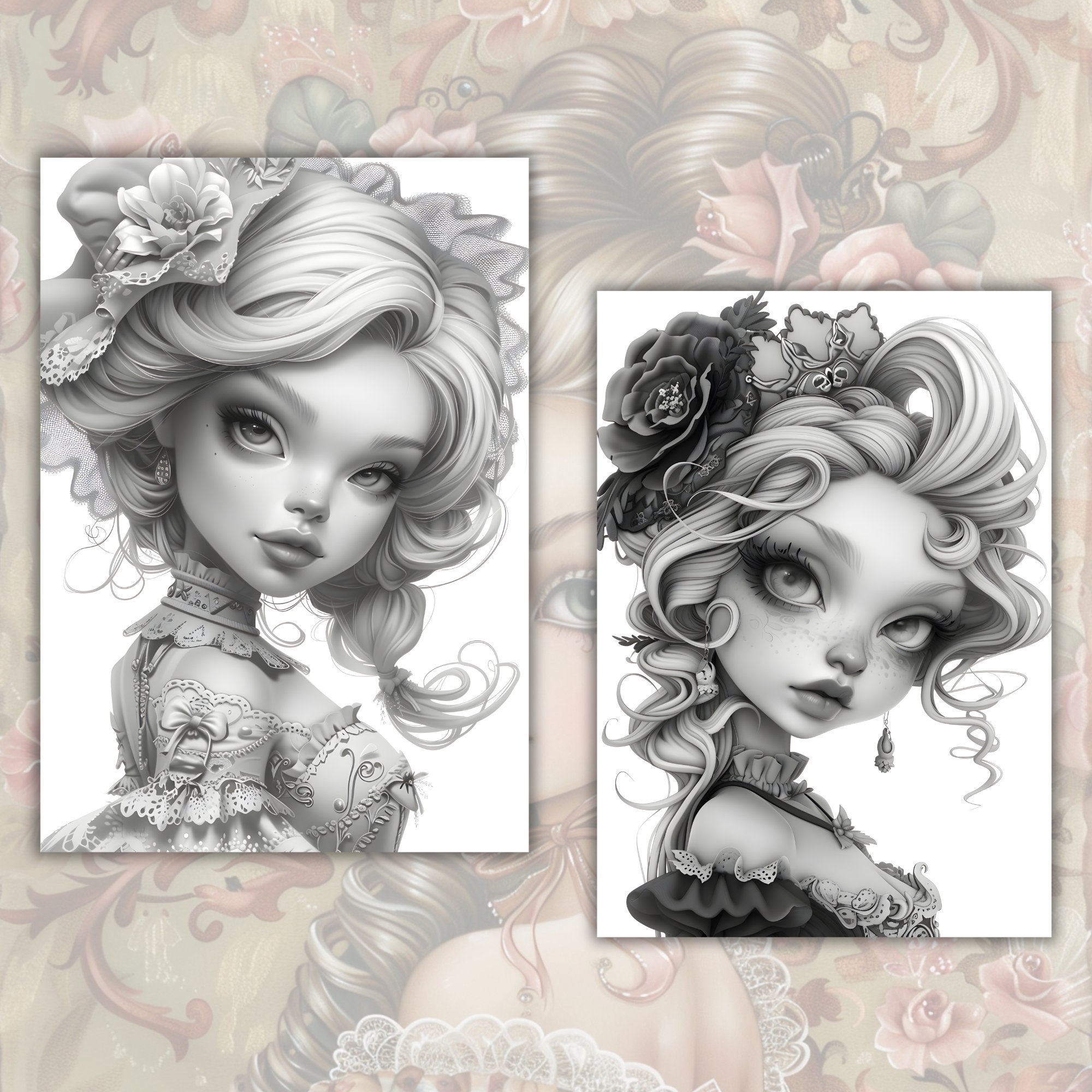 Grayscale Coloring Book, 38 Rococo Girl Colouring Pages, Girl Coloring ...