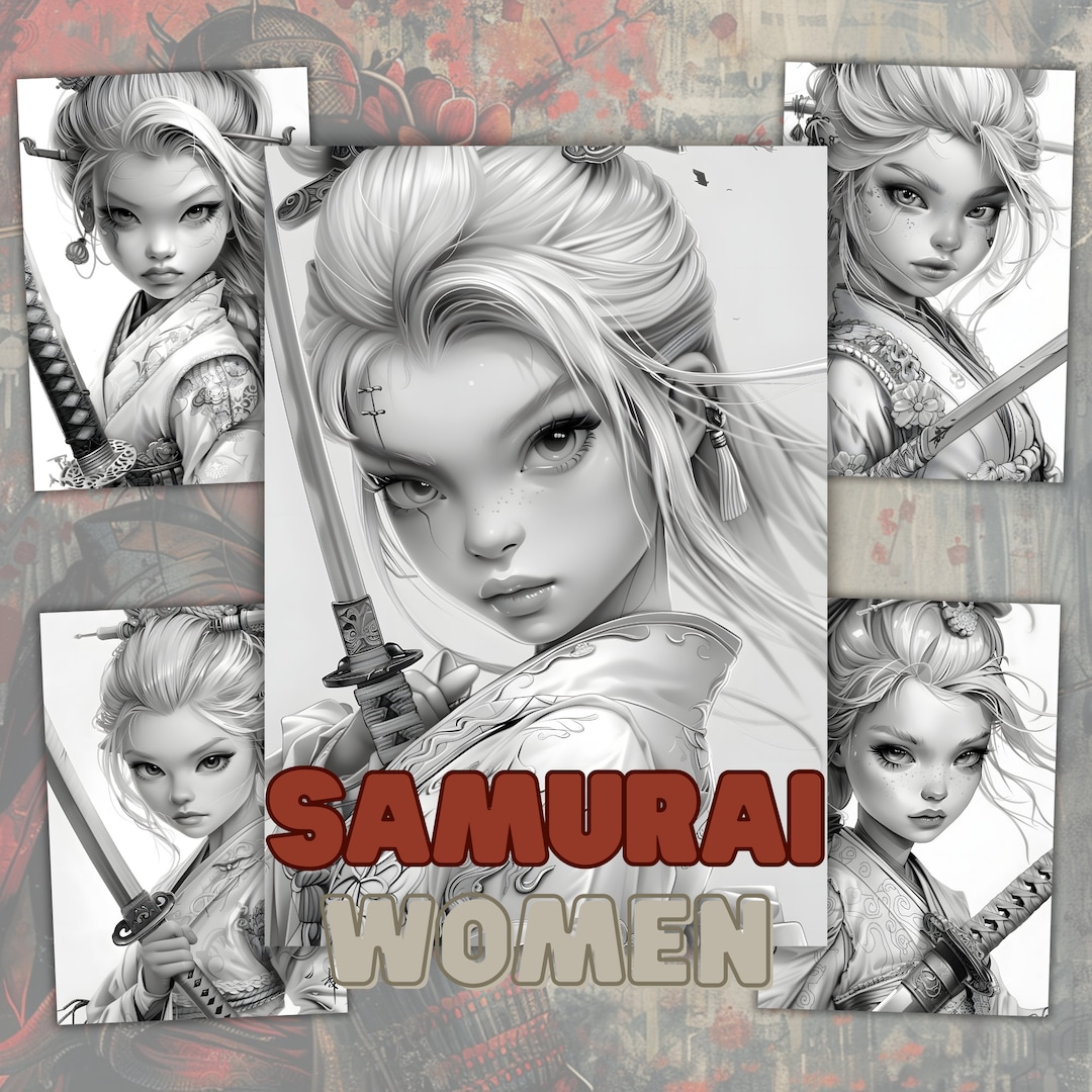 38 Samurai Women Grayscale Coloring Pages, Woman Coloring Book, Cute ...