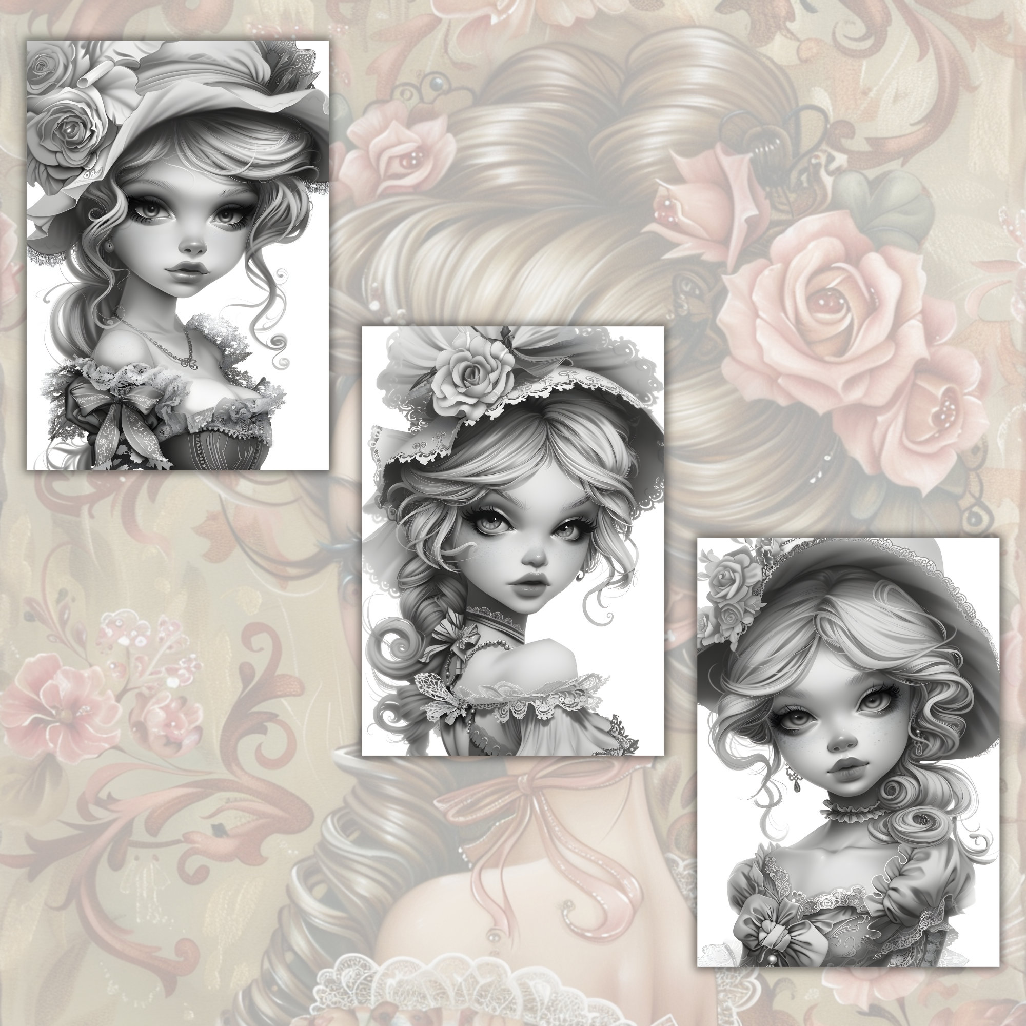 Grayscale Coloring Book, 38 Rococo Girl Colouring Pages, Girl Coloring ...