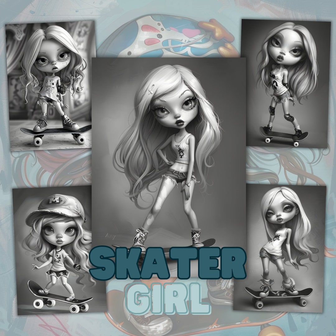 Grayscale Coloring Book, 29 Skater Girl Colouring Pages, Girl Coloring ...