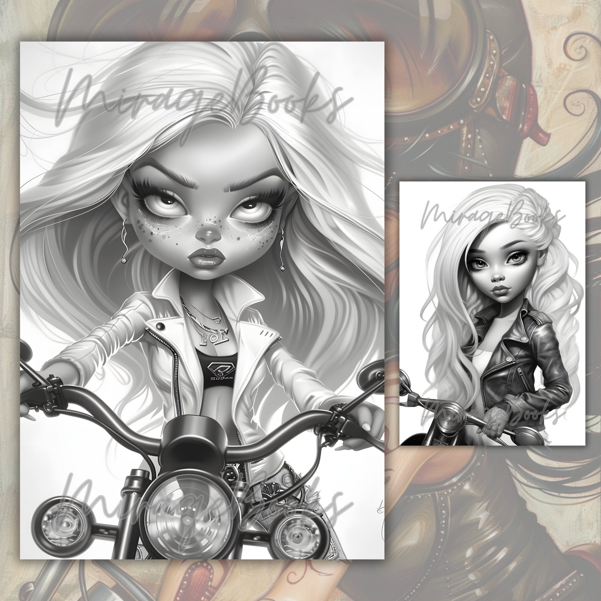 Biker Girl Grayscale Coloring Book, 29 Colouring Pages, Adults and Kids ...
