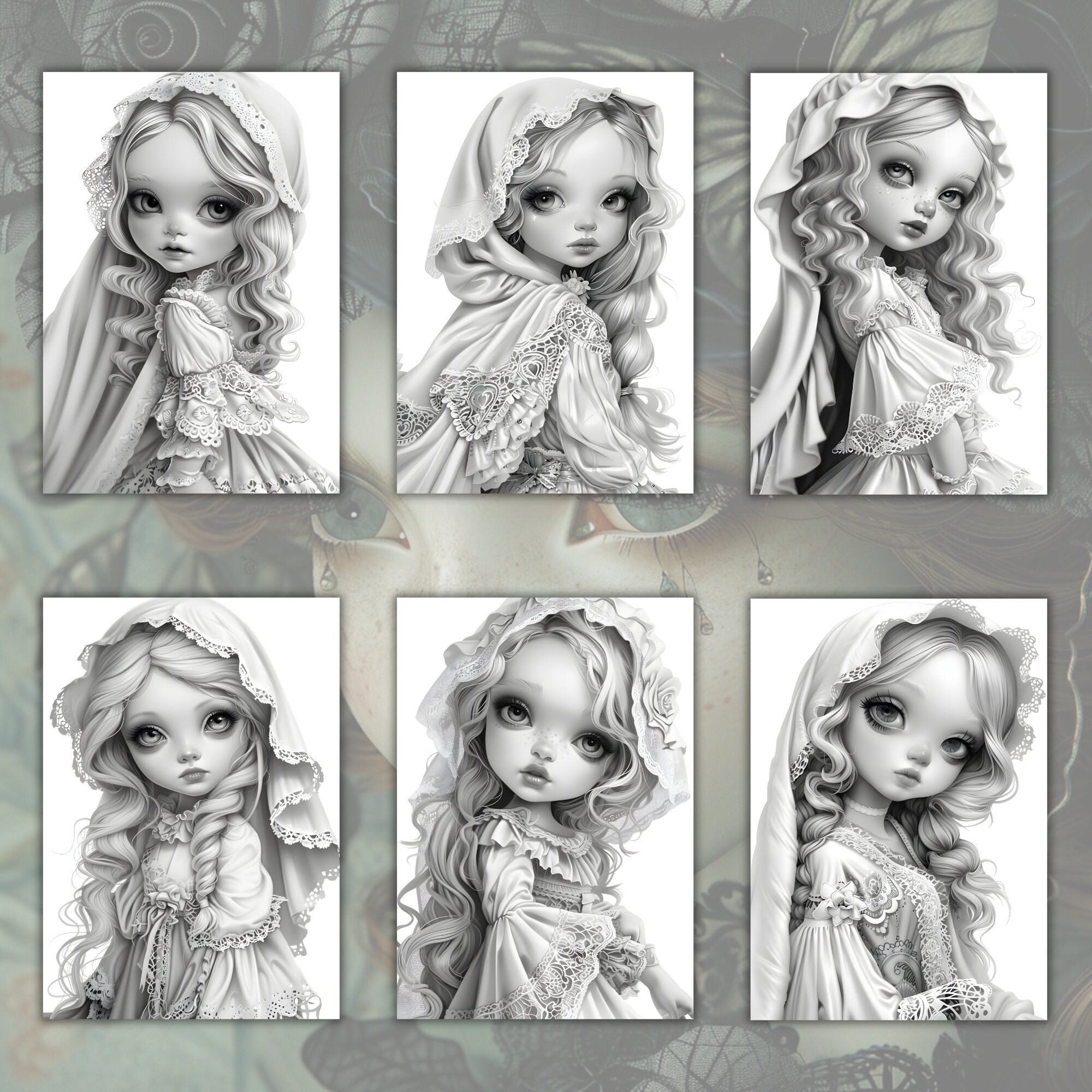 Grayscale Coloring Book, 35 Porcelain Dolls Colouring Pages, Coloring ...