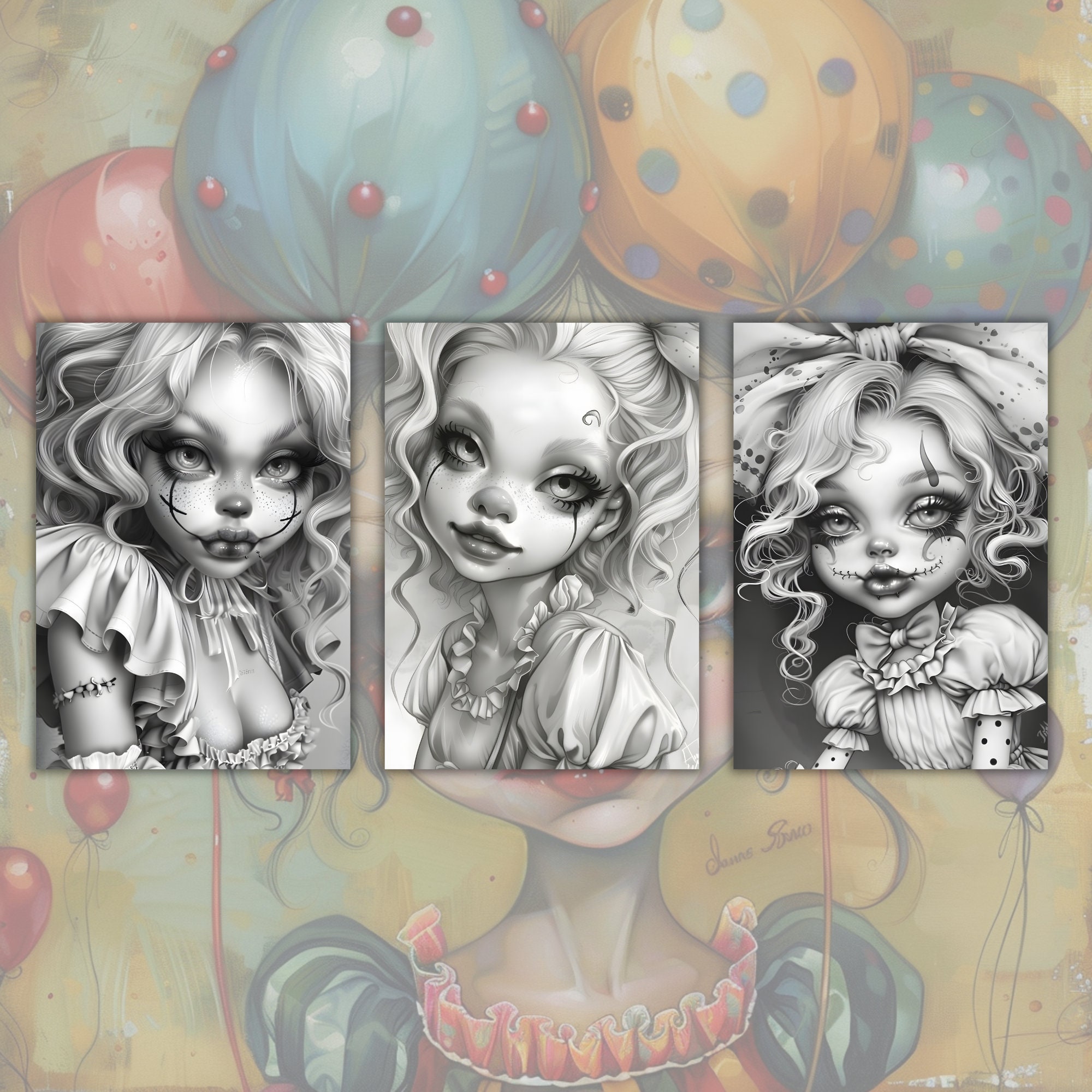 Grayscale Coloring Book, 40 Clown Girl Colouring Pages, Girl Coloring ...