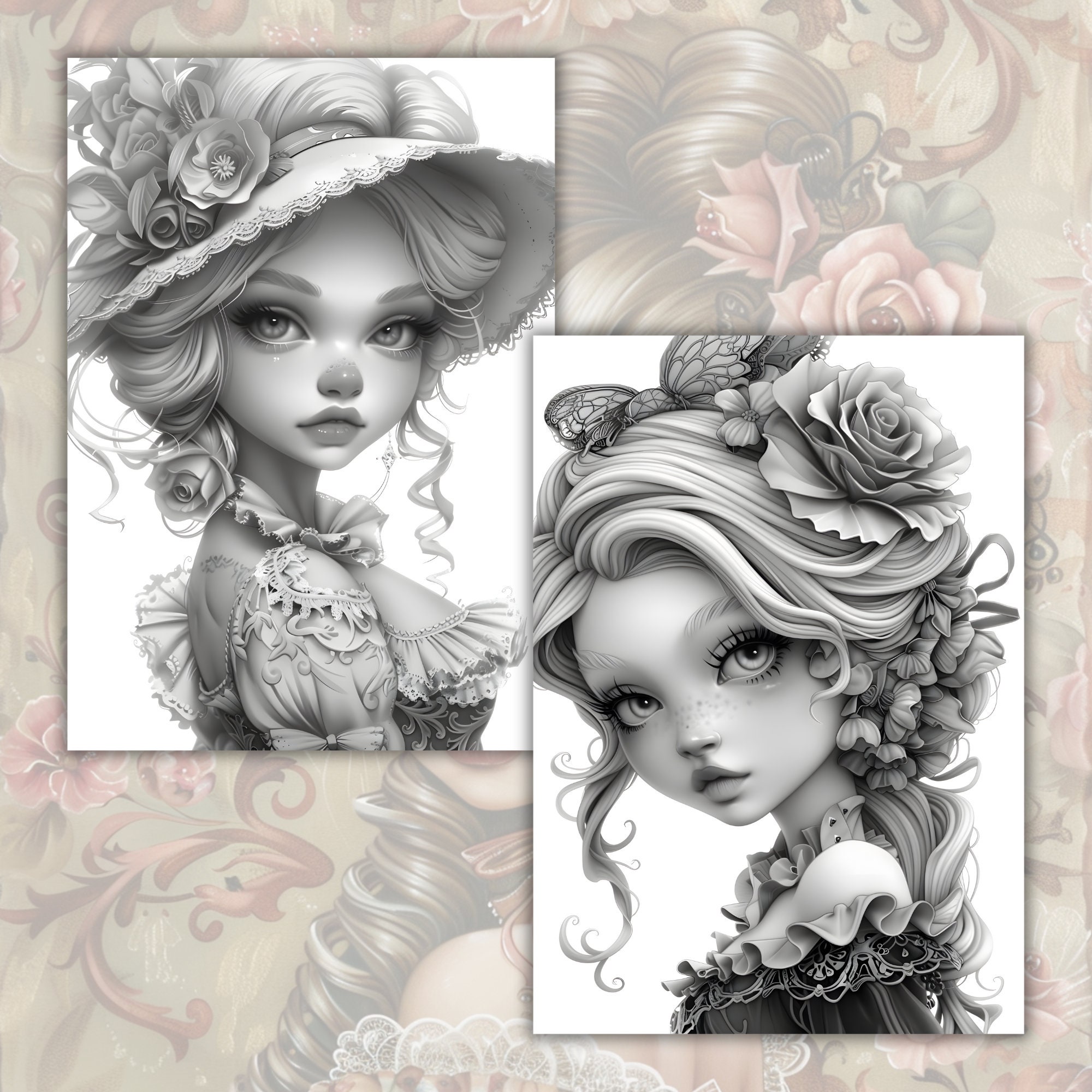 Grayscale Coloring Book, 38 Rococo Girl Colouring Pages, Girl Coloring ...