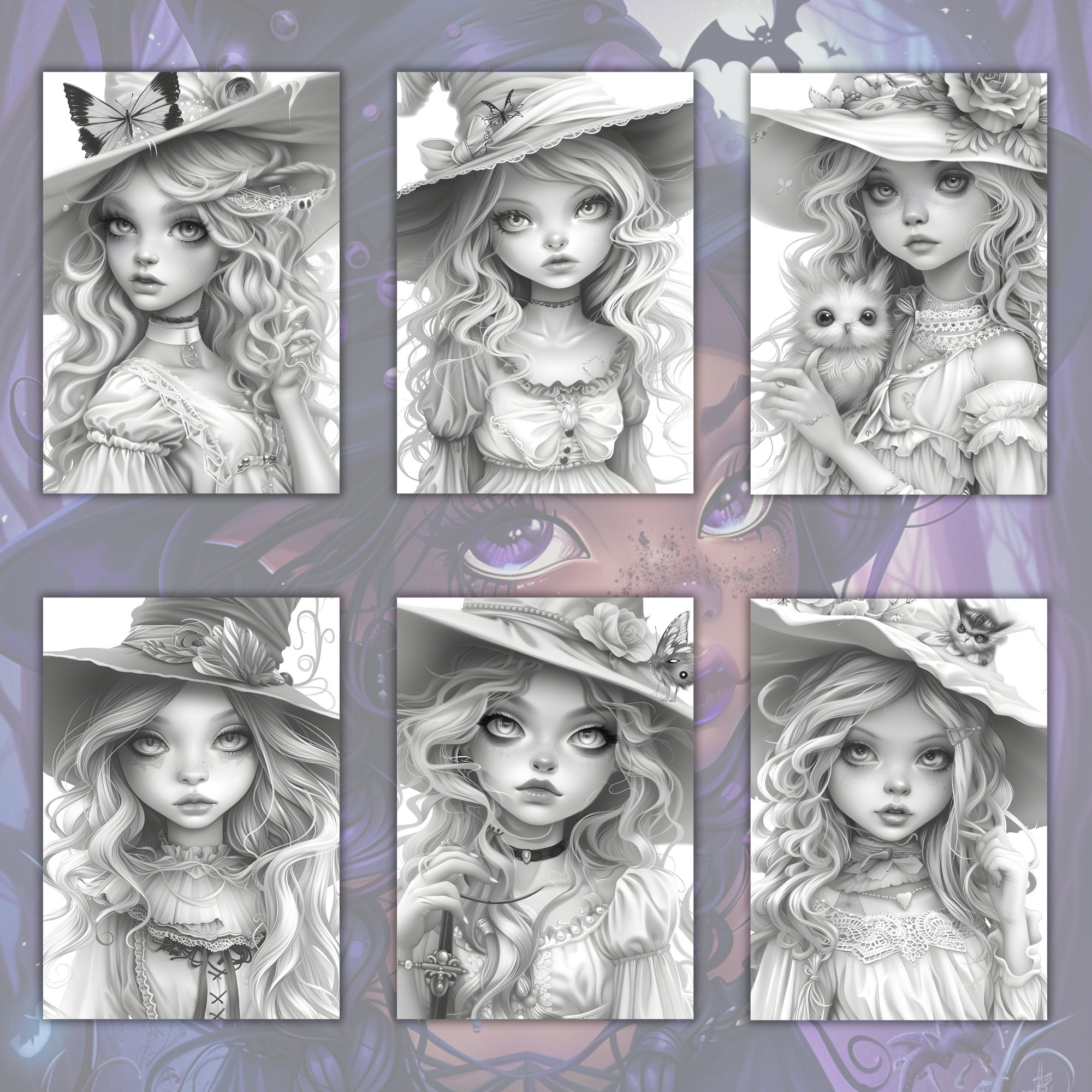 44 Witch Girl Grayscale Coloring Pages, Woman Coloring Book, Cute ...