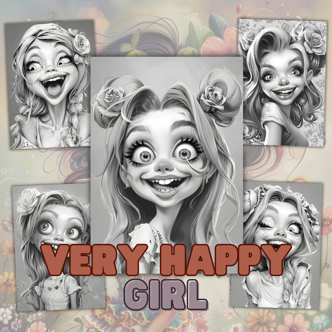 Very Happy Girl Grayscale Coloring Book, 22 Colouring Pages, Cute ...