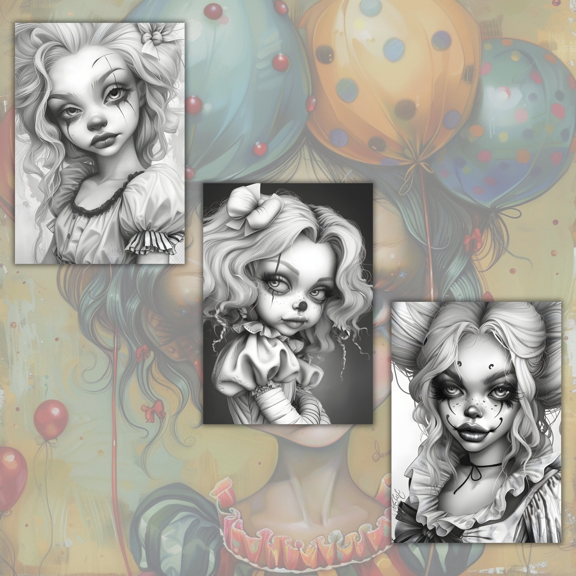Grayscale Coloring Book, 40 Clown Girl Colouring Pages, Girl Coloring ...