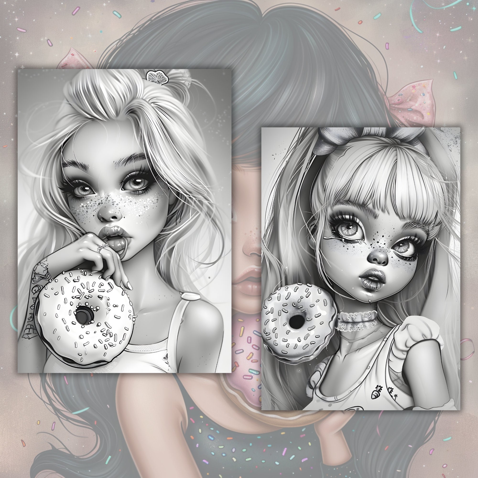 Grayscale Coloring Book, 22 Donut Girl Colouring Pages, Cute Coloring ...