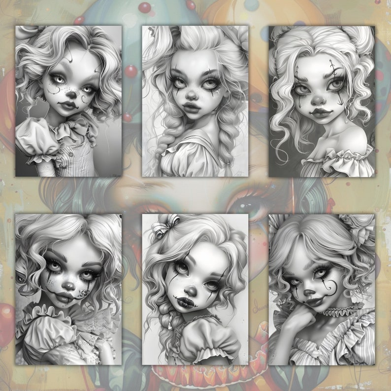 Grayscale Coloring Book, 40 Clown Girl Colouring Pages, Girl Coloring ...
