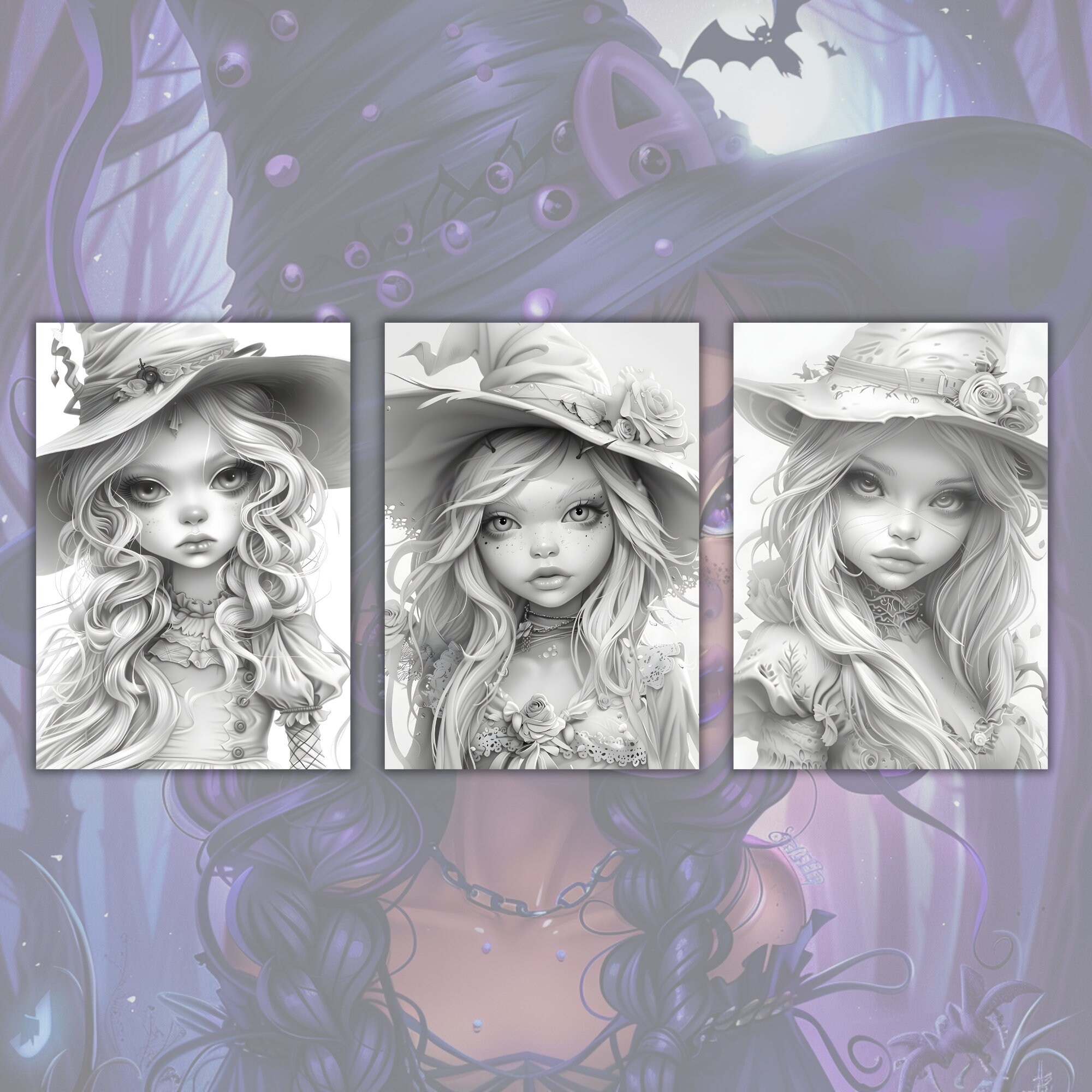 44 Witch Girl Grayscale Coloring Pages, Woman Coloring Book, Cute ...
