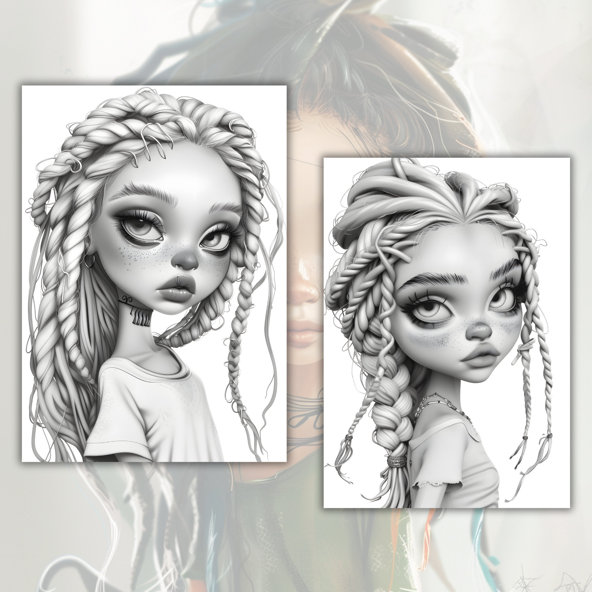 Grayscale Coloring Book, 30 Dreadlock Girls Colouring Pages, Woman ...