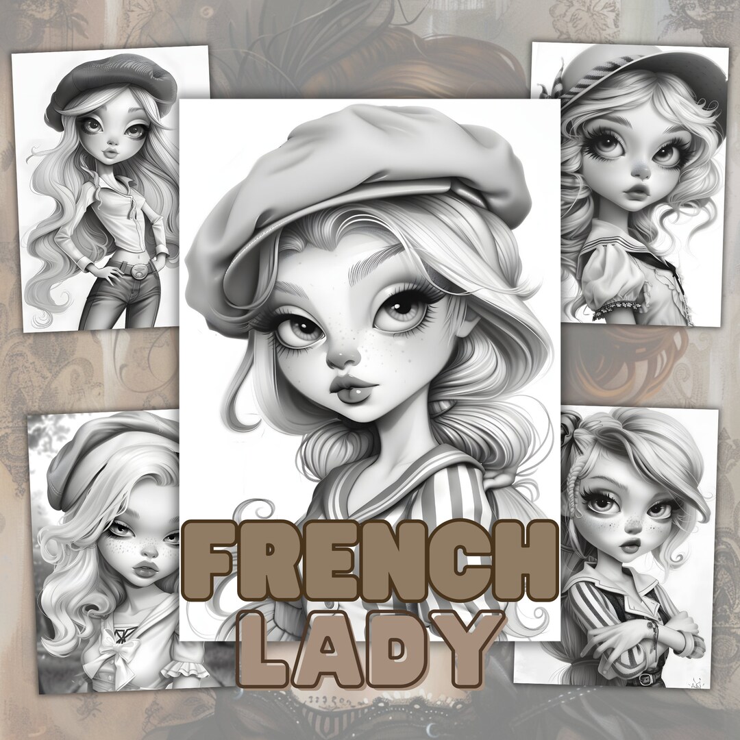 56 French Lady Grayscale Coloring Pages, Woman Coloring Book, Cute ...