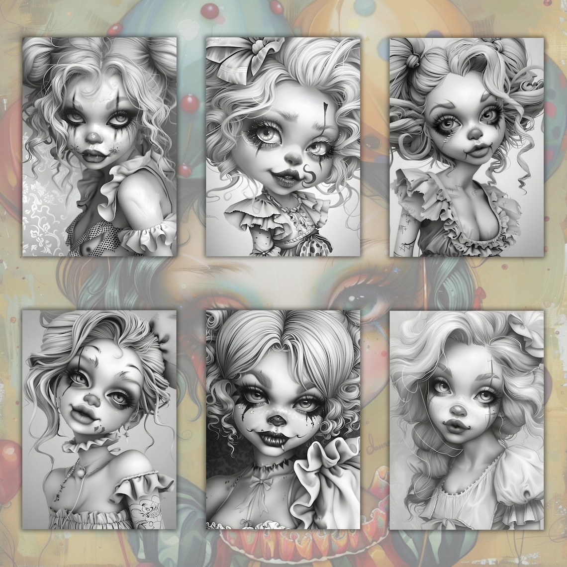 Grayscale Coloring Book, 40 Clown Girl Colouring Pages, Girl Coloring ...