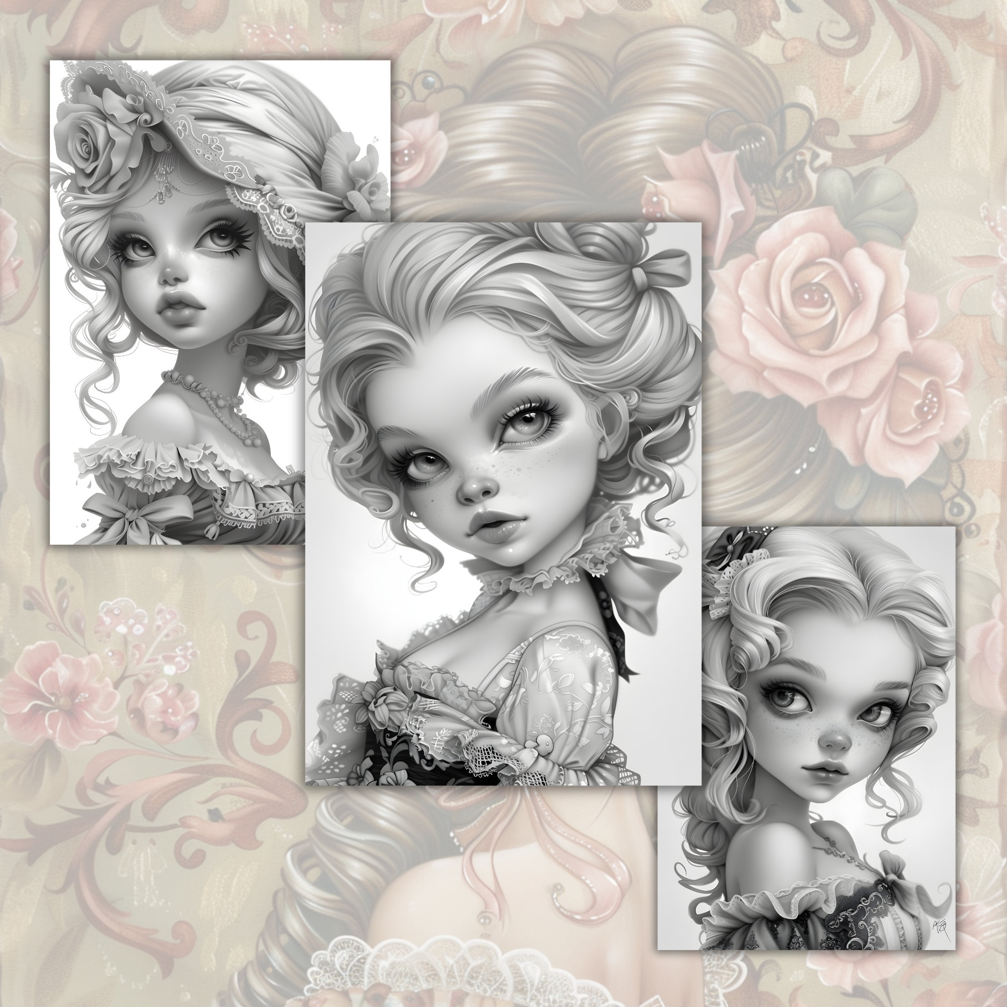 Grayscale Coloring Book, 38 Rococo Girl Colouring Pages, Girl Coloring ...