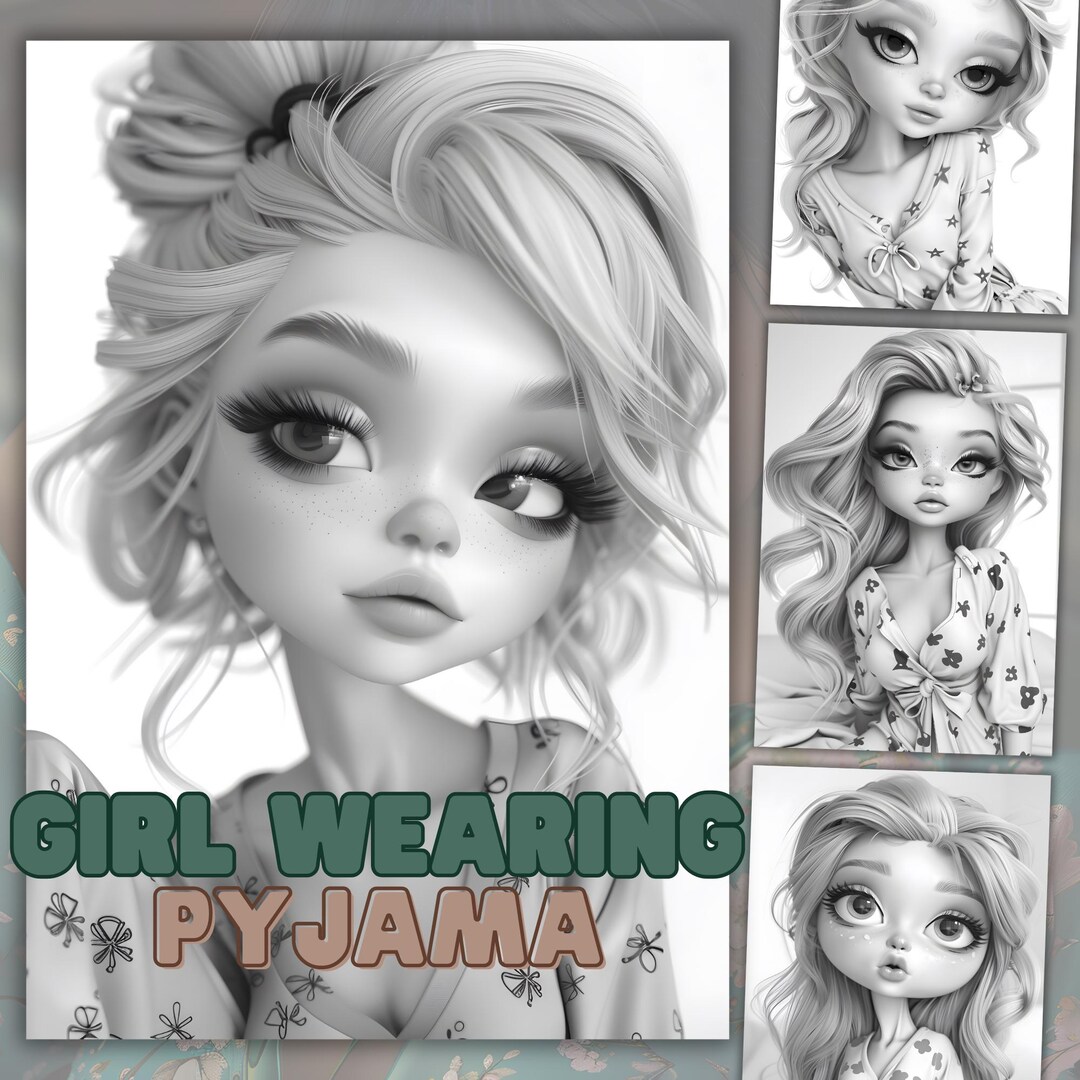Grayscale Coloring Book, 28 Girl Wearing Pyjama Colouring Pages, Girl ...