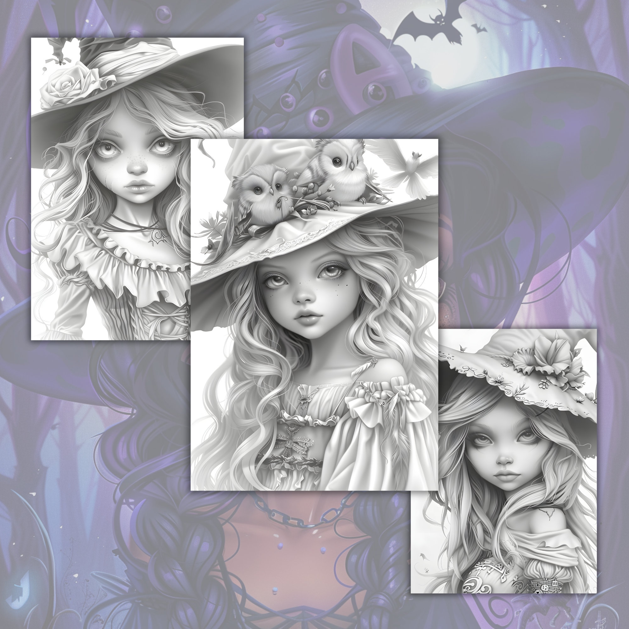 44 Witch Girl Grayscale Coloring Pages, Woman Coloring Book, Cute ...