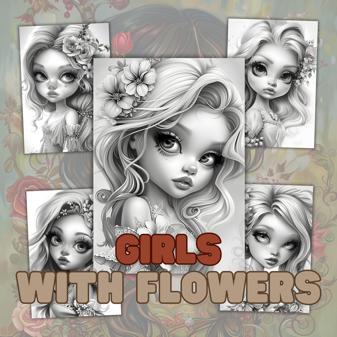 Girls With Flowers Coloring Pages: Grayscale Art (instant Download) - Etsy