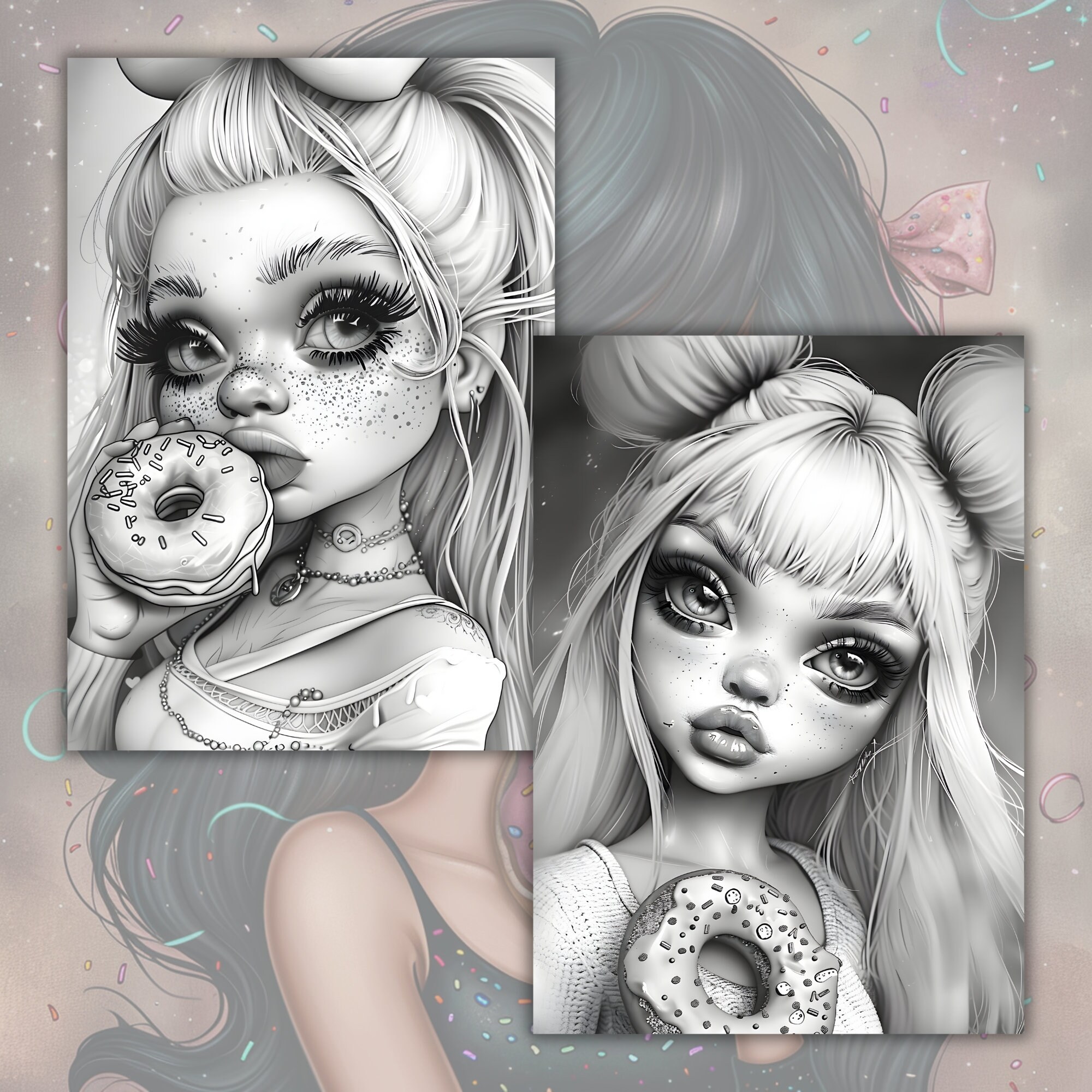 Grayscale Coloring Book, 22 Donut Girl Colouring Pages, Cute Coloring ...