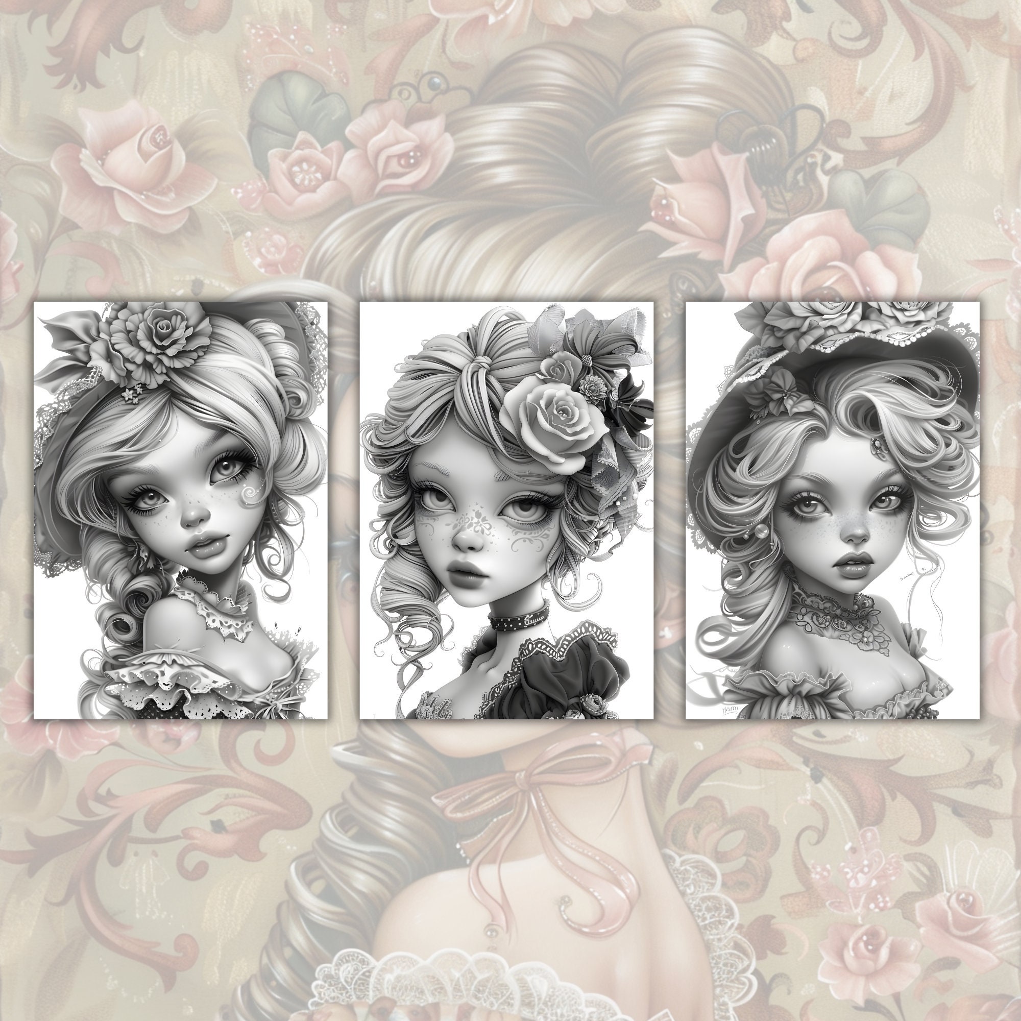 Grayscale Coloring Book, 38 Rococo Girl Colouring Pages, Girl Coloring ...