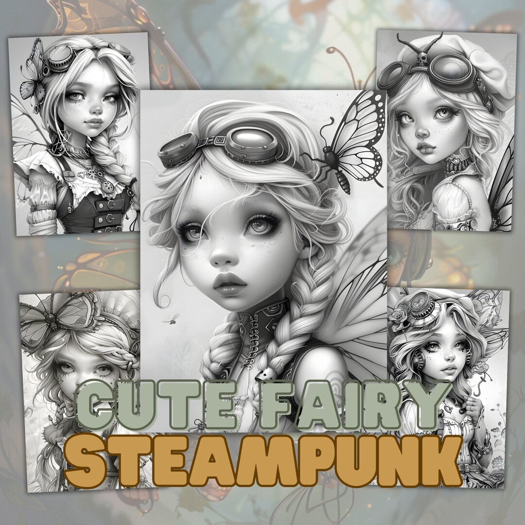 Cute Steampunk Fairy Grayscale Coloring Book, 31 Colouring Pages, Cute ...