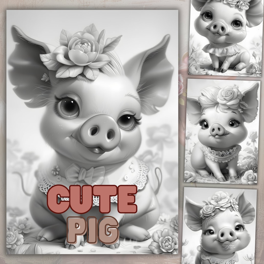 Grayscale Coloring Book, 26 Cute Pig Colouring Pages, Cute Coloring ...
