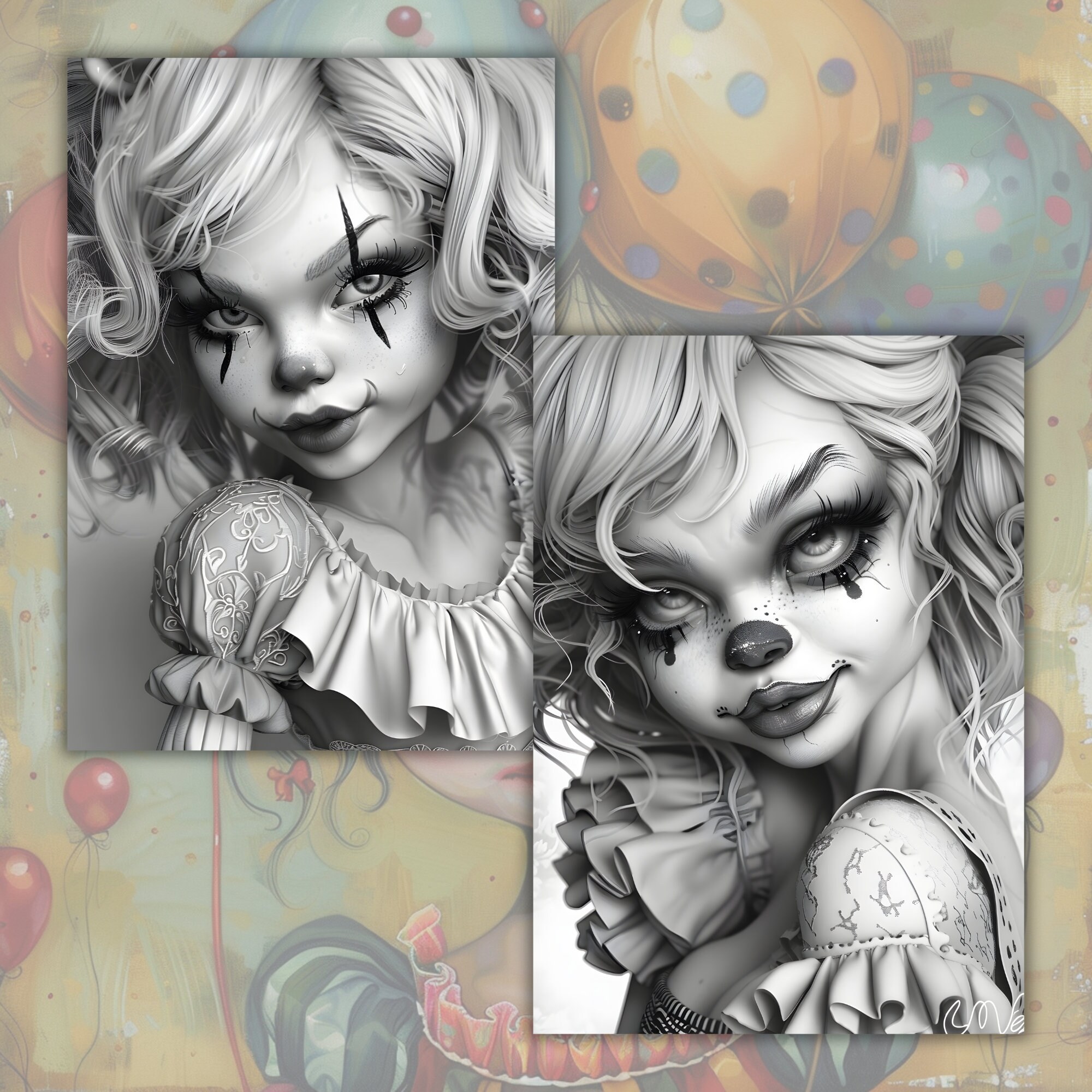 Grayscale Coloring Book, 40 Clown Girl Colouring Pages, Girl Coloring ...