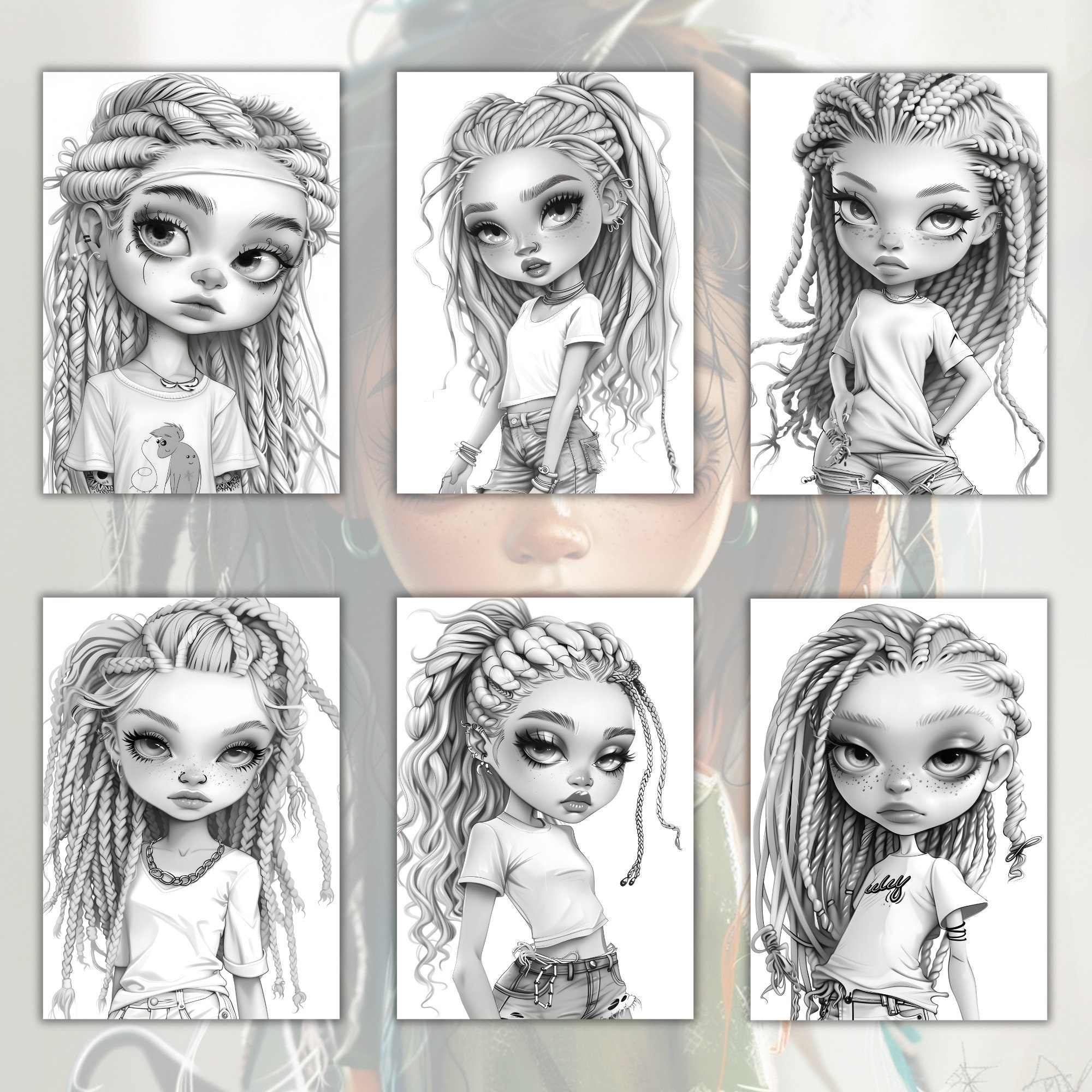 Grayscale Coloring Book, 30 Dreadlock Girls Colouring Pages, Woman ...
