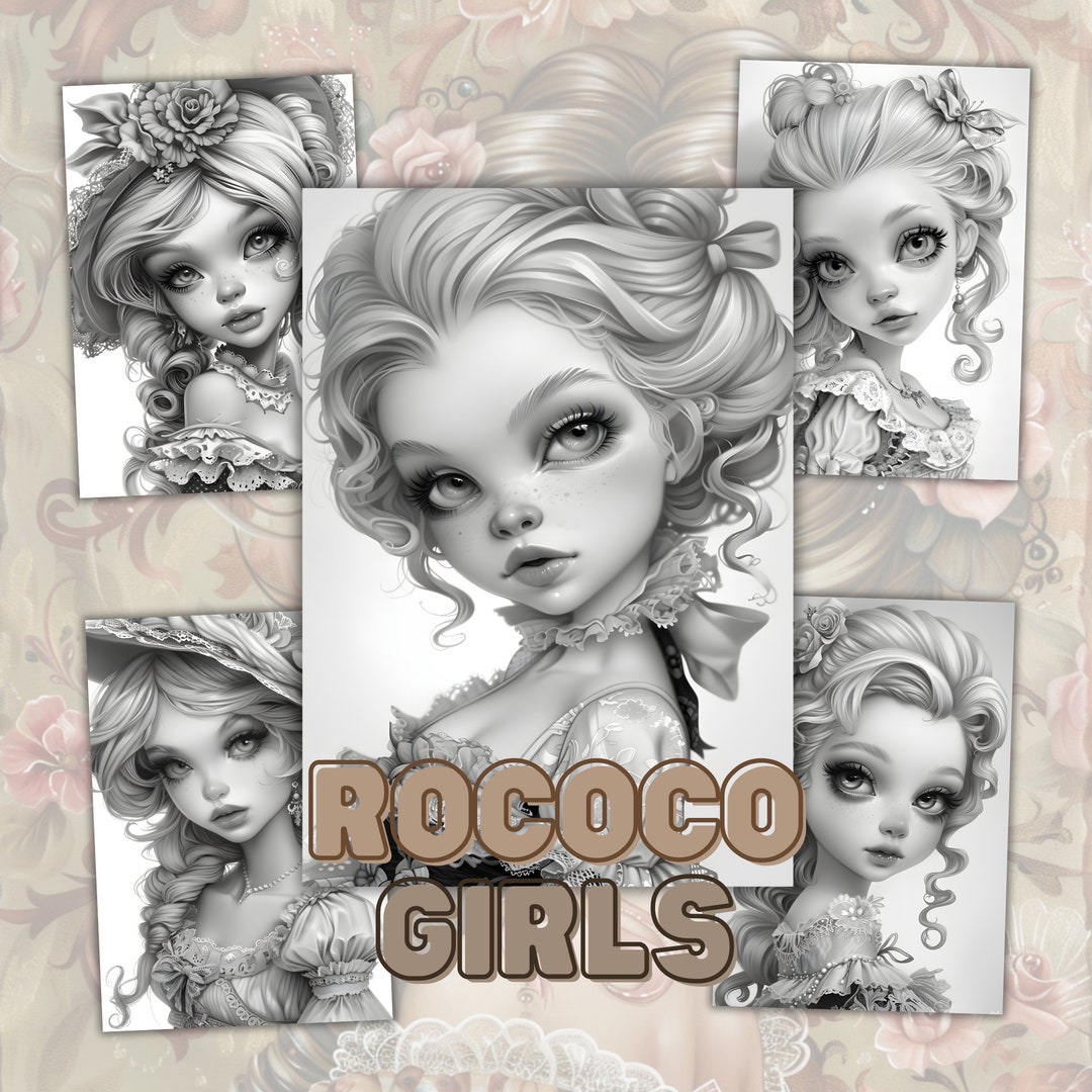 Grayscale Coloring Book, 38 Rococo Girl Colouring Pages, Girl Coloring ...