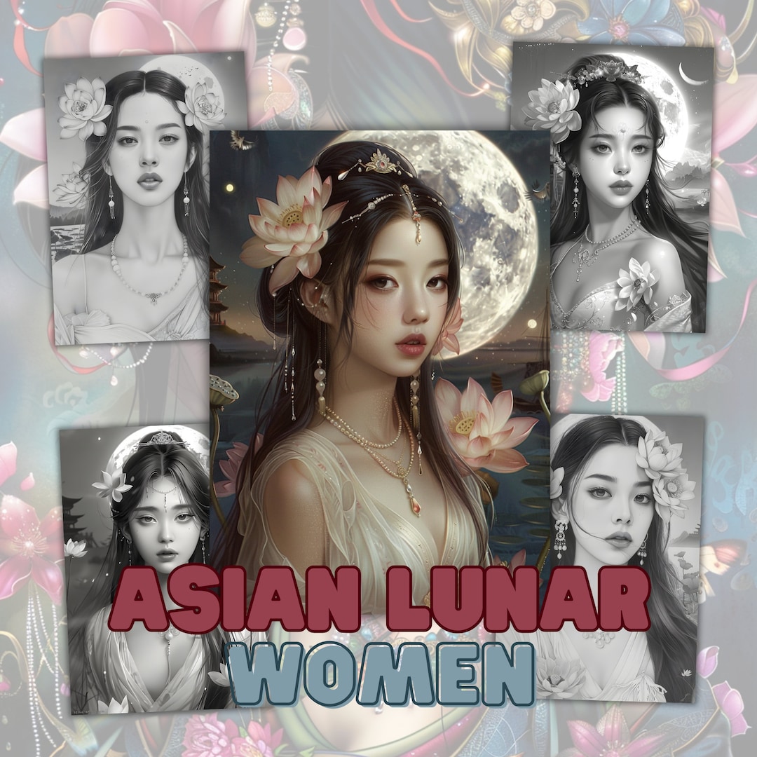 23 Asian Lunar Women Grayscale Coloring Pages, Girl Coloring Book, Cute ...