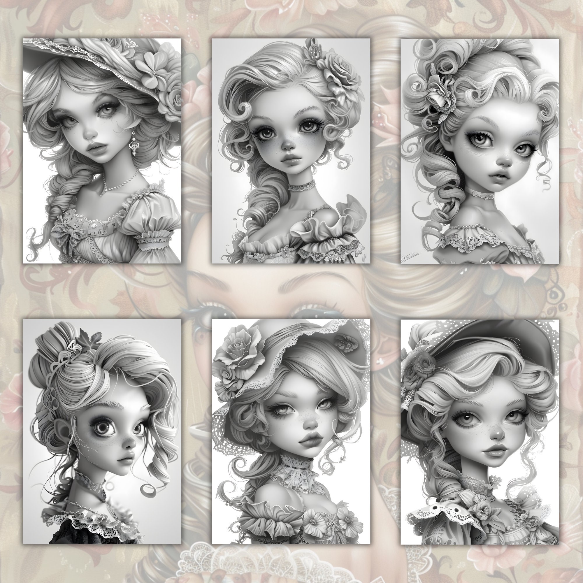 Grayscale Coloring Book, 38 Rococo Girl Colouring Pages, Girl Coloring ...