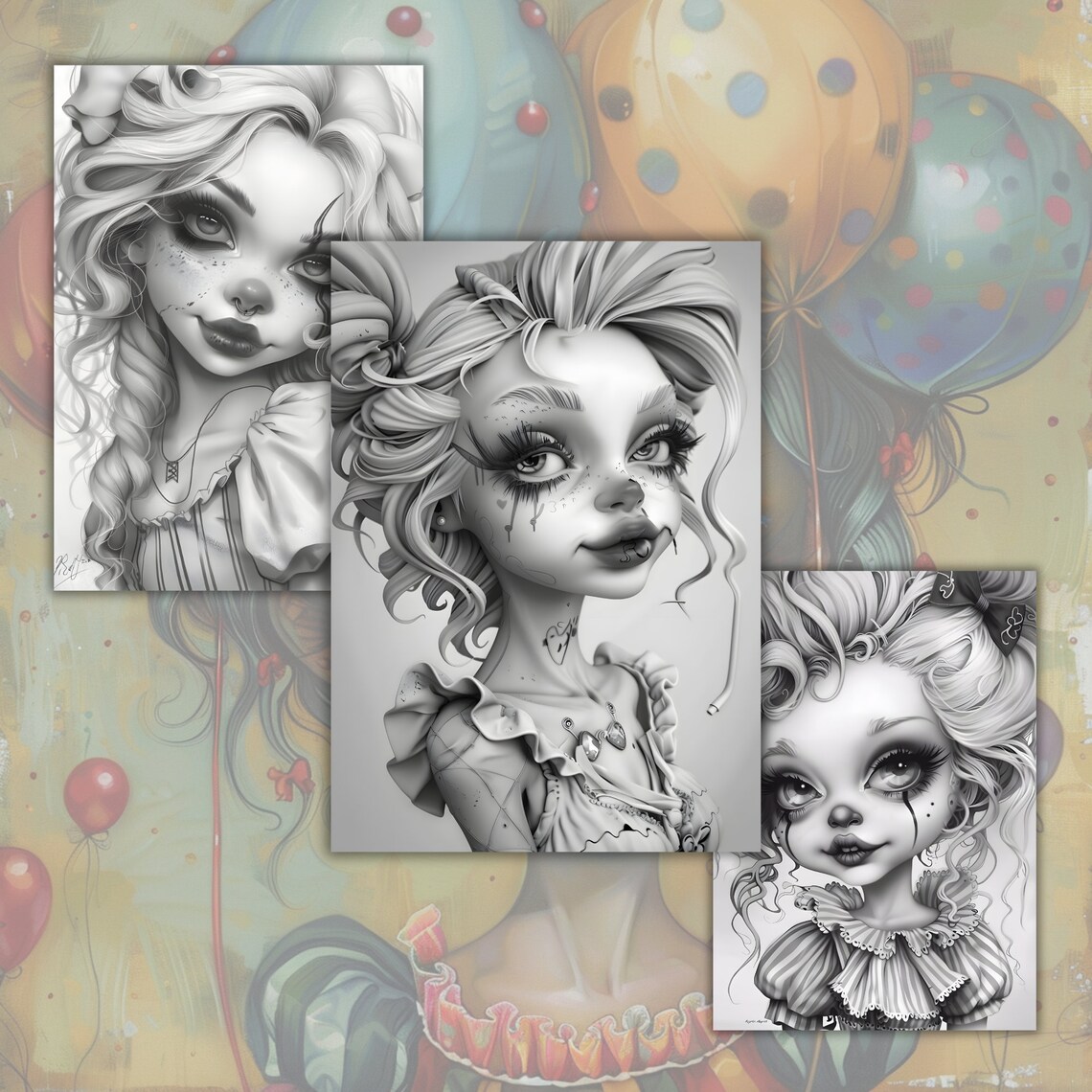 Grayscale Coloring Book, 40 Clown Girl Colouring Pages, Girl Coloring ...