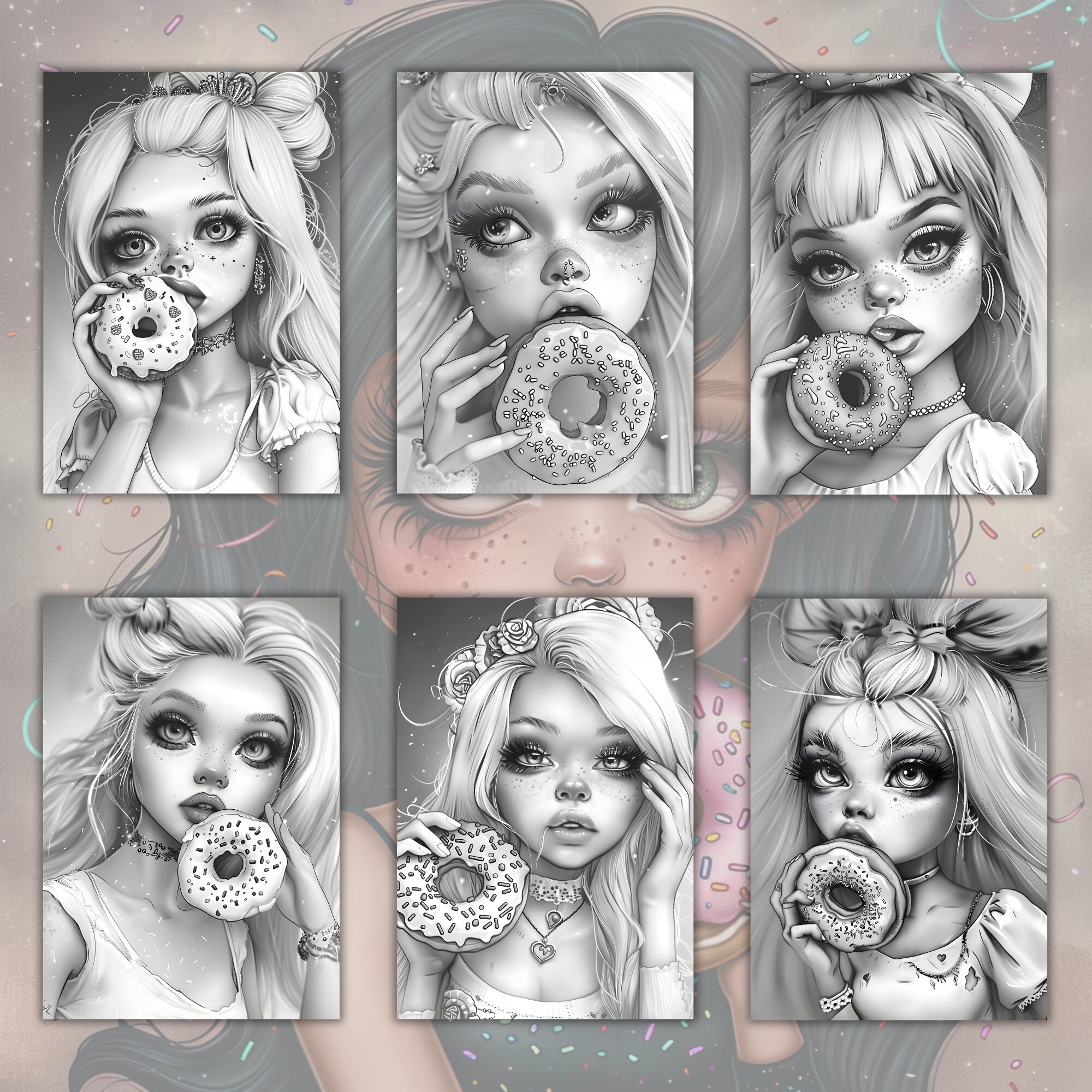 Grayscale Coloring Book, 22 Donut Girl Colouring Pages, Cute Coloring ...