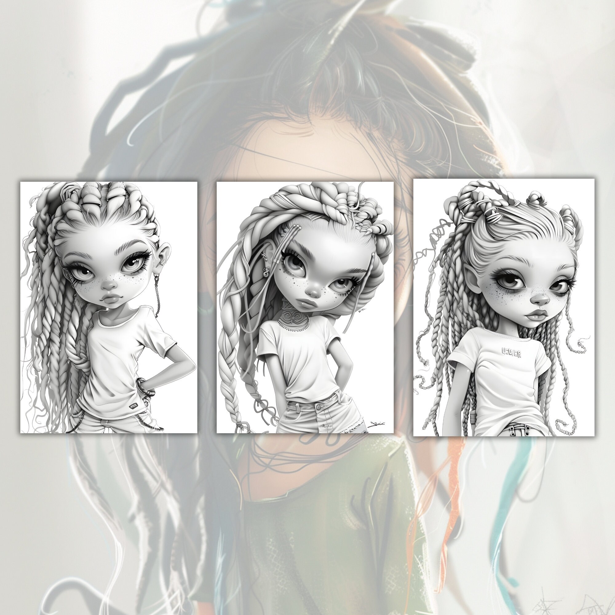 Grayscale Coloring Book, 30 Dreadlock Girls Colouring Pages, Woman ...